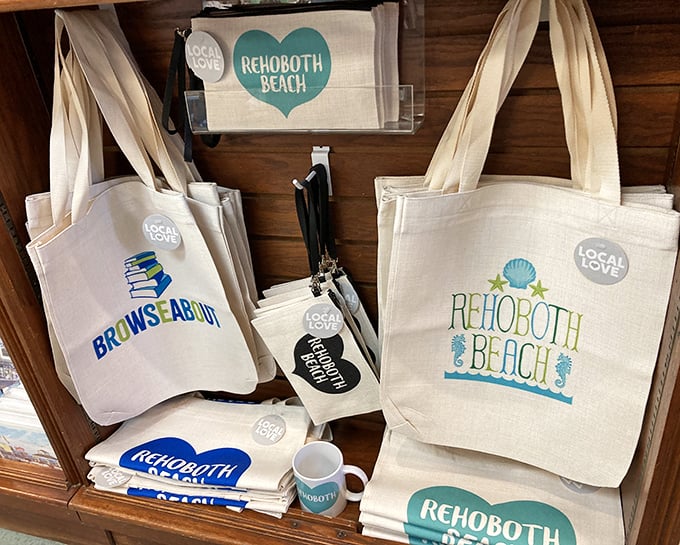 Canvas totes proudly displaying Rehoboth Beach and Browseabout logos offer the perfect vessel for carrying new literary treasures from shore to home.