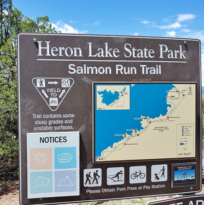 The Salmon Run Trail map&mdash;where "steep grades and unstable surfaces" is ranger-speak for "you'll earn those views, but they're worth it."