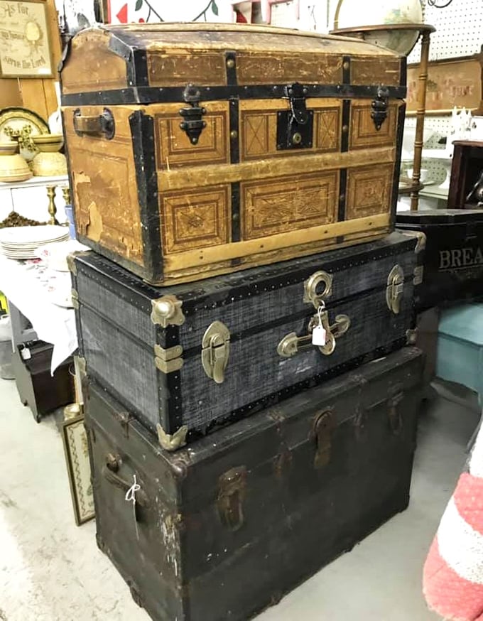 Stacked trunks that once carried worldly possessions across oceans and continents. Now they're ready to store your treasures or become statement furniture.