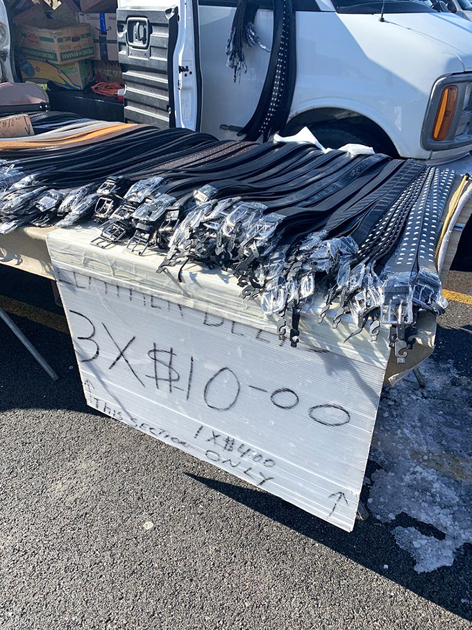 Leather belts lined up like soldiers, priced at a wallet-friendly $10. Your pants have never had so many affordable options for staying up.