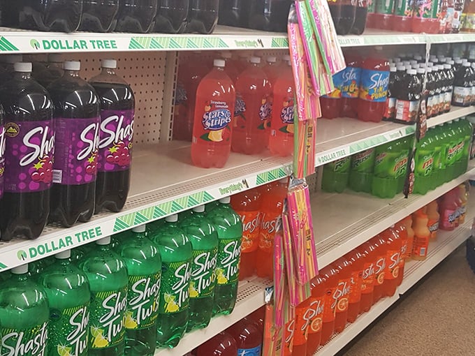 Soda selection that rivals convenience stores, with vibrant bottles of Shasta creating a rainbow of refreshment options for thirsty shoppers.