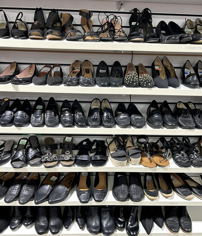 The shoe section: where sensible meets stylish. An entire wall of footwear possibilities, each pair with miles left to travel.