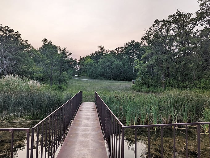 A wooden bridge invites exploration across marshy wetlands at dusk. The path ahead promises solitude and that rare commodity in modern life&mdash;genuine quiet.