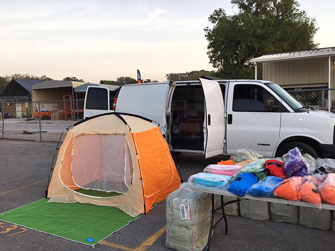Camping gear and outdoor essentials await their next adventure. This vendor's pop-up shop gives new meaning to the phrase "mobile retail."
