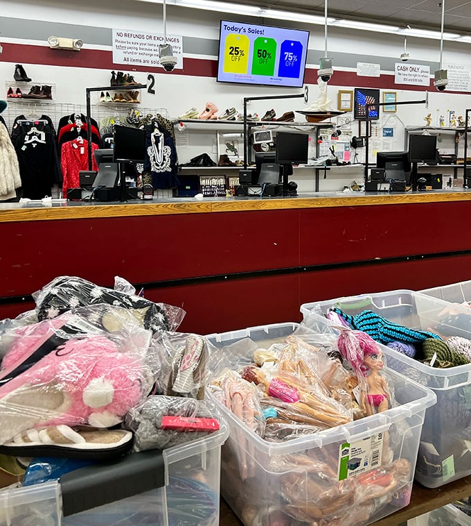 Today's color-coded discounts flash on the screen above checkout. The thrill of scoring 75% off something you didn't know you needed until now.