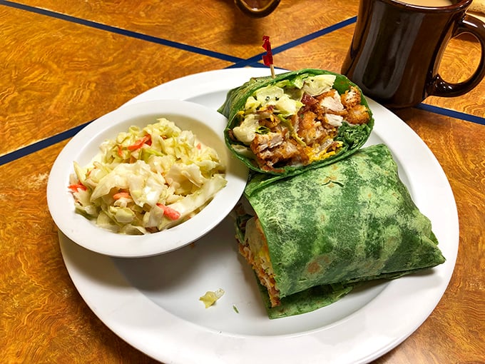 A wrap that's actually wrapped properly&mdash;revolutionary! With coleslaw that doesn't just phone it in but actually contributes to the conversation.
