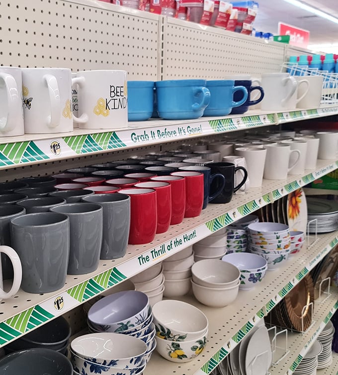 Mug philosophy: "Bee Kind" and colorful ceramic options remind shoppers that morning coffee tastes better with a side of desert wisdom.