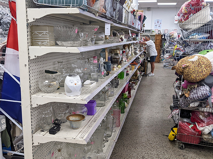 Shelves overflow with decorative treasures like a real-life version of your grandmother's china cabinet, except everything's actually for sale.