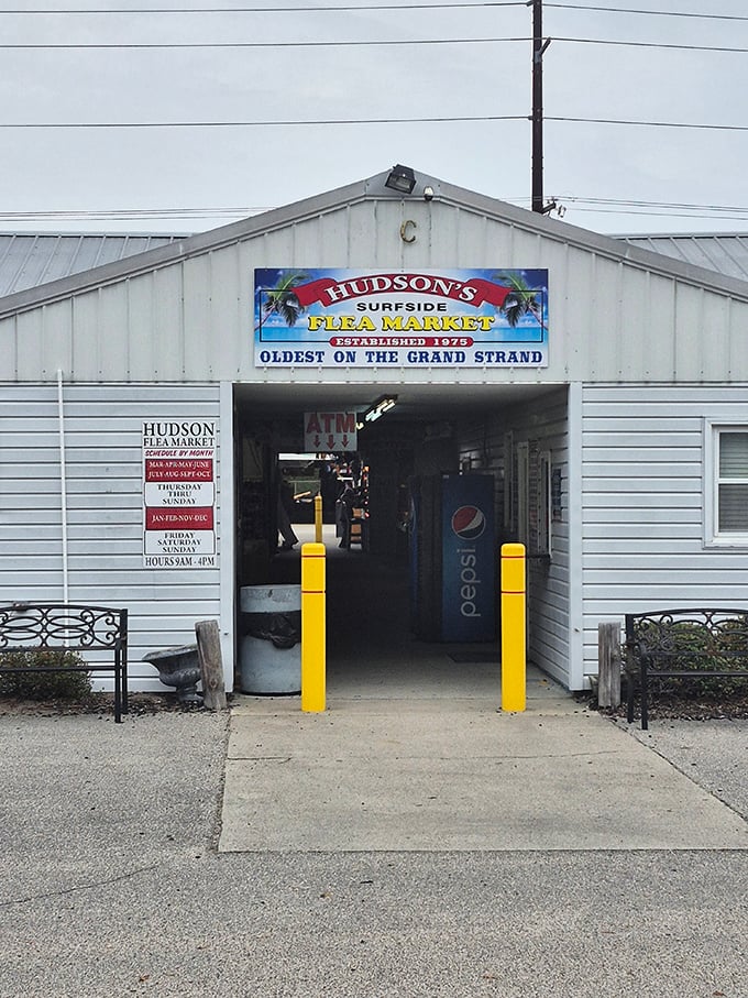 The gateway to bargain paradise. Hudson's welcoming entrance promises treasures within, no secret password required.