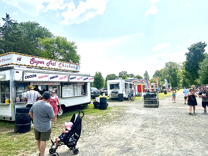 Food trucks line the perimeter, because hunting for vintage treasures builds an appetite that only "Super Fried Chicken" can satisfy.