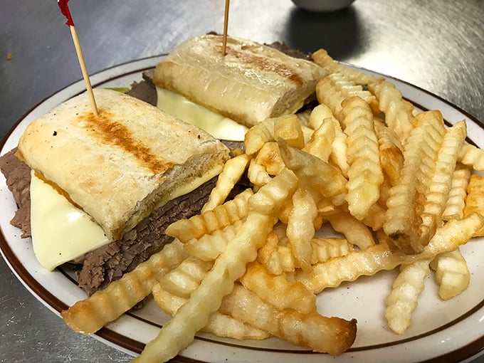 The French dip sandwich&mdash;thinly sliced beef nestled in bread with a side of jus so good you'll be tempted to drink it straight from the cup.