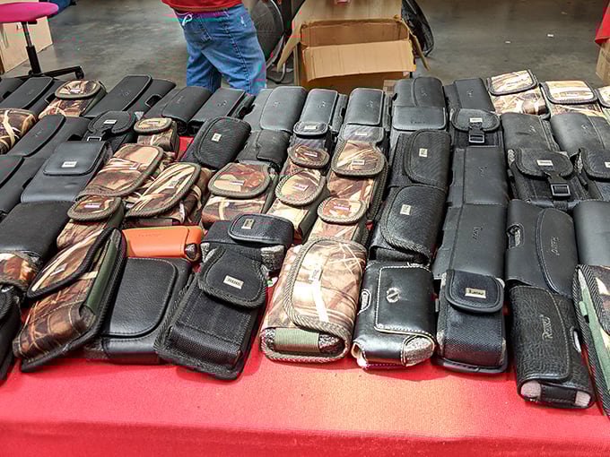 Leather goods galore! These cases and holsters represent the practical side of flea market finds—functional fashion with a touch of rugged charm.