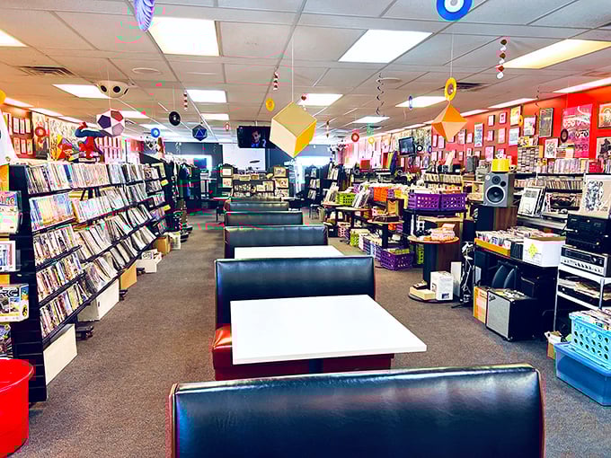 The record collection stretches as far as the eye can see. Come for lunch, stay to rebuild your vinyl collection.