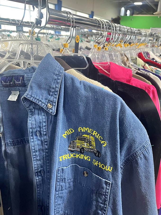 Denim storytellers hanging in patient rows. That "Mid America Trucking Show" jacket has lived a life&mdash;and is ready for its second act.