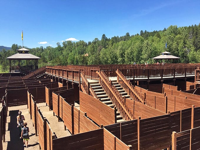 The wooden maze from above reveals its challenging pathways, a labyrinth that's humbled many a confident navigator.