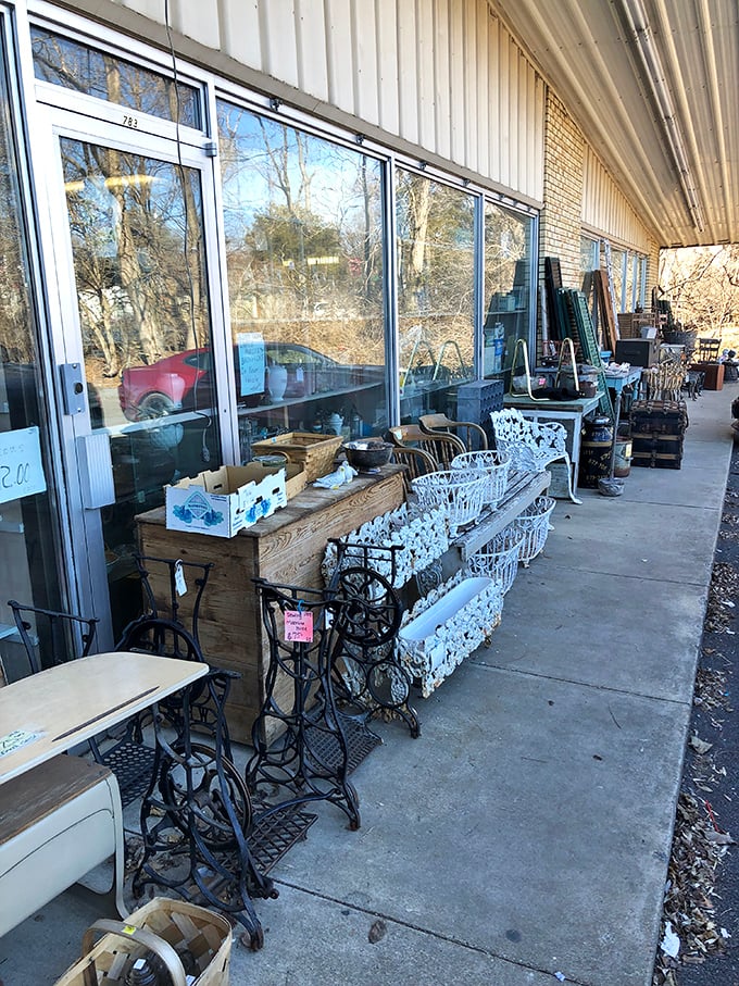 The outdoor overflow area proves that even weather-resistant treasures deserve a second life, from wrought iron plant stands to garden ornaments.