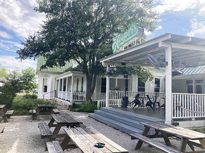 The outdoor seating area offers a sunny respite from the spooky interior&mdash;perfect for those who prefer their meals without a side of shivers.