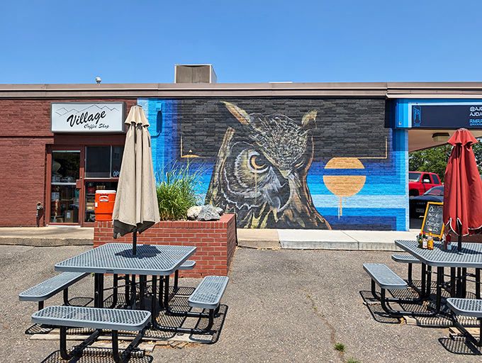 Outdoor seating with a striking owl mural&mdash;where Boulder's natural beauty meets diner practicality for those perfect Colorado mornings.