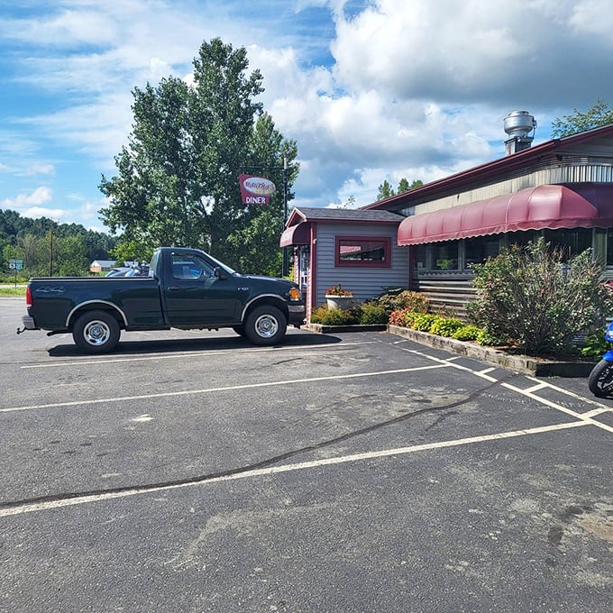 Even the parking lot at Martha's has character—pickup trucks and flower beds creating the perfect Vermont diner tableau.