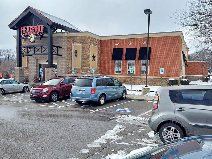 Even in winter, steak enthusiasts brave the elements—proof that neither snow nor rain stays the carnivore from the swift completion of their appointed meal.