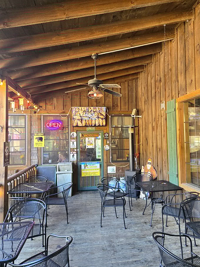 The covered patio offers a perfect spot to recover from your encounter with oversized sandwiches while watching for movement in the nearby woods.