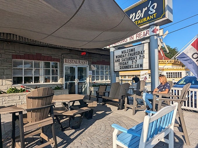 The outdoor seating area offers a moment of reflection between buffet trips &ndash; a strategic resting spot for contemplating dessert options.