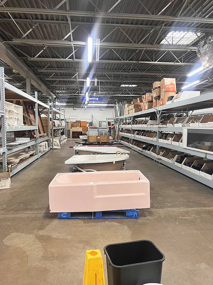 Bathroom fixtures that prove one person's renovation is another's treasure. That pink bathtub is calling out for a vintage-inspired makeover.