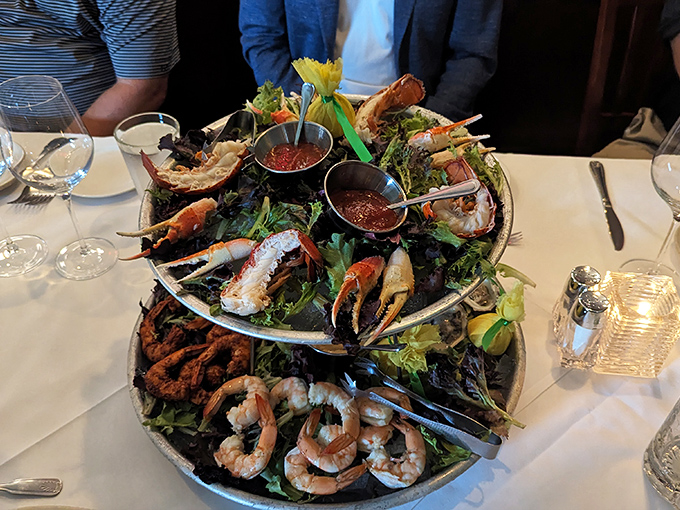 The seafood tower that makes landlocked diners forget they're 500 miles from an ocean. A maritime treasure chest of oceanic delights.