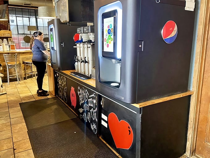 Self-service beverages mean you can customize your sweet tea experience while contemplating your next BBQ adventure.