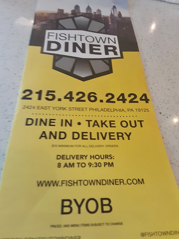 The menu card reveals the diner's secret superpower: BYOB privileges, turning your Tuesday night pasta into an impromptu celebration of being alive.