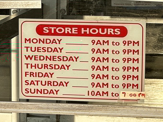 The generous store hours posted clearly—because treasure hunting shouldn't be restricted by the clock. The thrift gods are generous with their time.