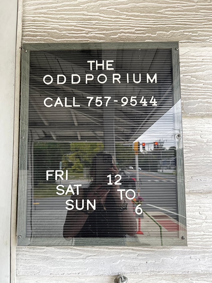 The Oddporium's hours&mdash;Friday through Sunday, noon to six&mdash;posted clearly. Plan accordingly for your journey into the peculiar.