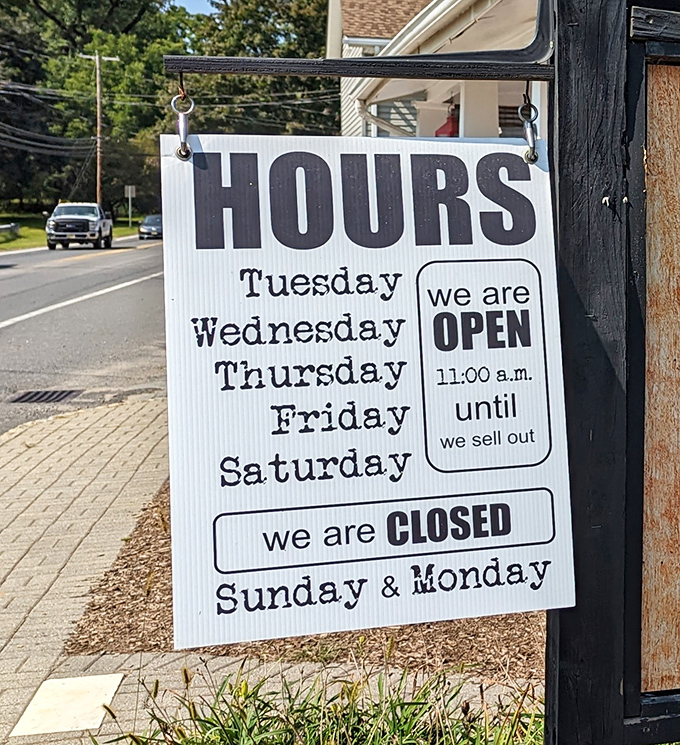 Hours that aren't just business information but a philosophy: "until we sell out" tells you everything about their commitment to freshness.
