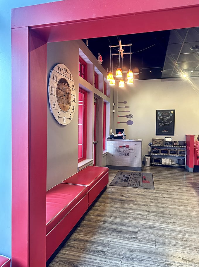 The waiting area that makes anticipation part of the experience. That oversized clock isn't just telling time&mdash;it's counting down the moments until your corned beef revelation.