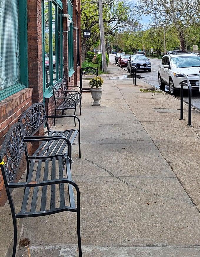 These sidewalk benches aren't just seating&mdash;they're the waiting room for breakfast paradise where anticipation builds with every passing minute.