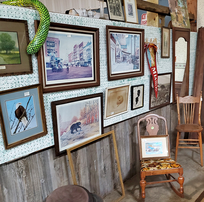 Wall art that spans decades and tastes—from eagles to landscapes, proving that someone's garage sale rejection is another's living room centerpiece.