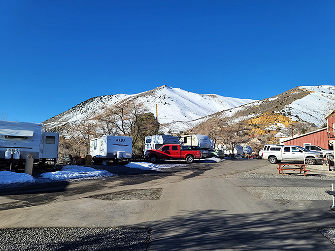 Winter transforms Virginia City into a snow-dusted postcard, where RVs huddle against the cold like modern-day wagon trains.