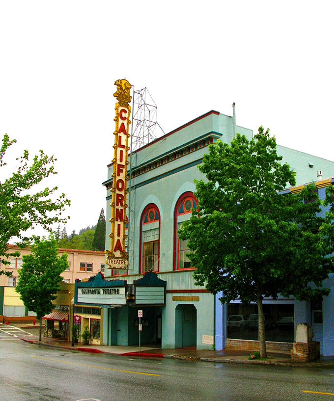 Dunsmuir's vintage California Theatre marquee promises small-town entertainment with big-city heart.