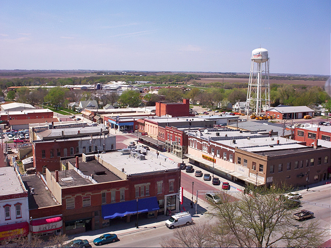 From above, Seward reveals its perfect small-town layout&mdash;courthouse at center, business district radiating outward, water tower standing sentinel over it all.