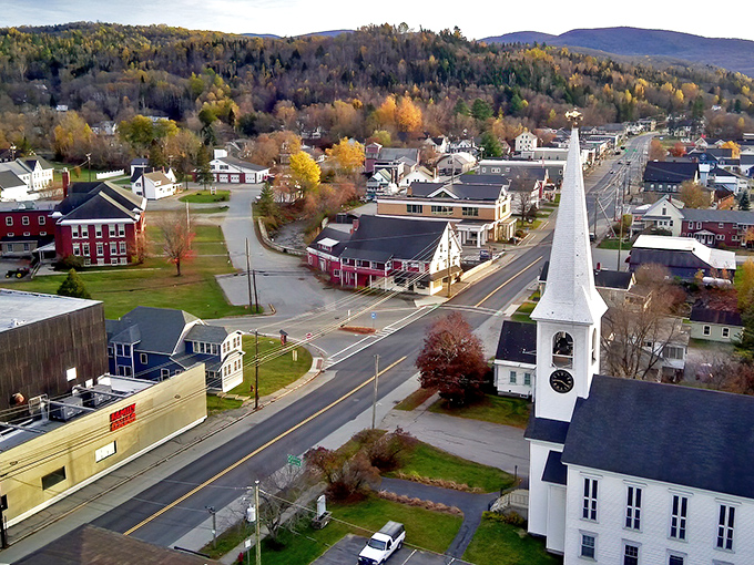 From above, Colebrook reveals its perfect New England composition&mdash;white church steeple, tidy streets, and mountains standing guard in the distance.