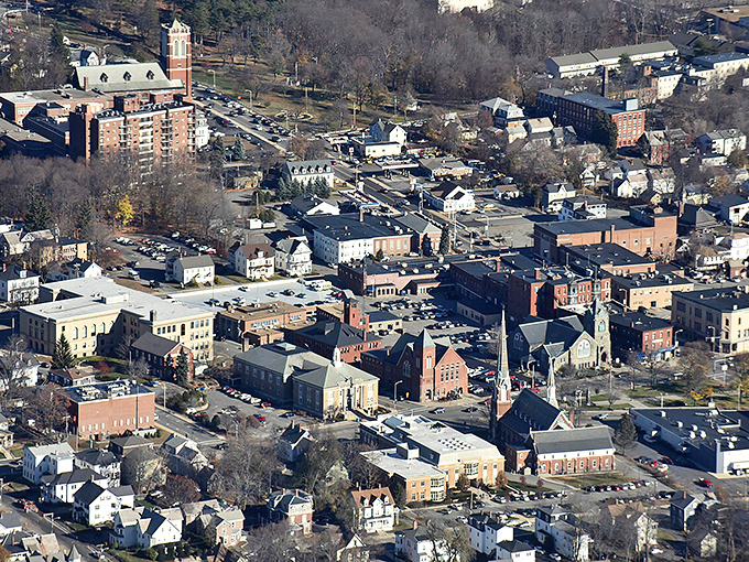 From above, Leominster reveals itself as a perfect patchwork of neighborhoods, churches, and businesses—a community quilt stitched together over centuries.