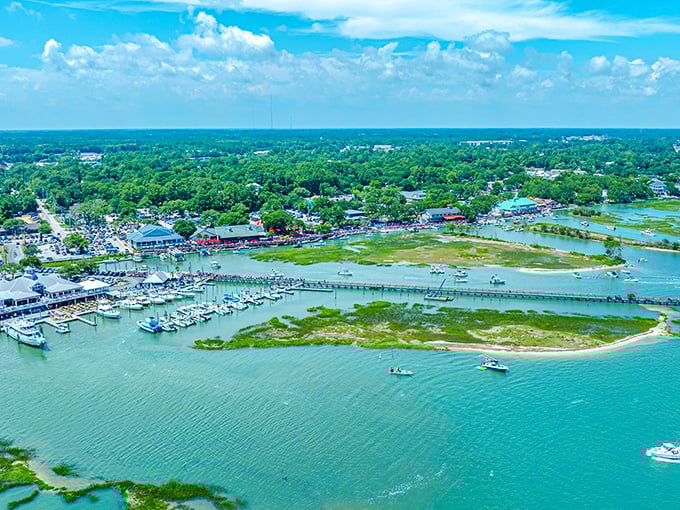 The full scope of Murrells Inlet's beauty revealed from above, where turquoise waters meet emerald marshlands perfectly.