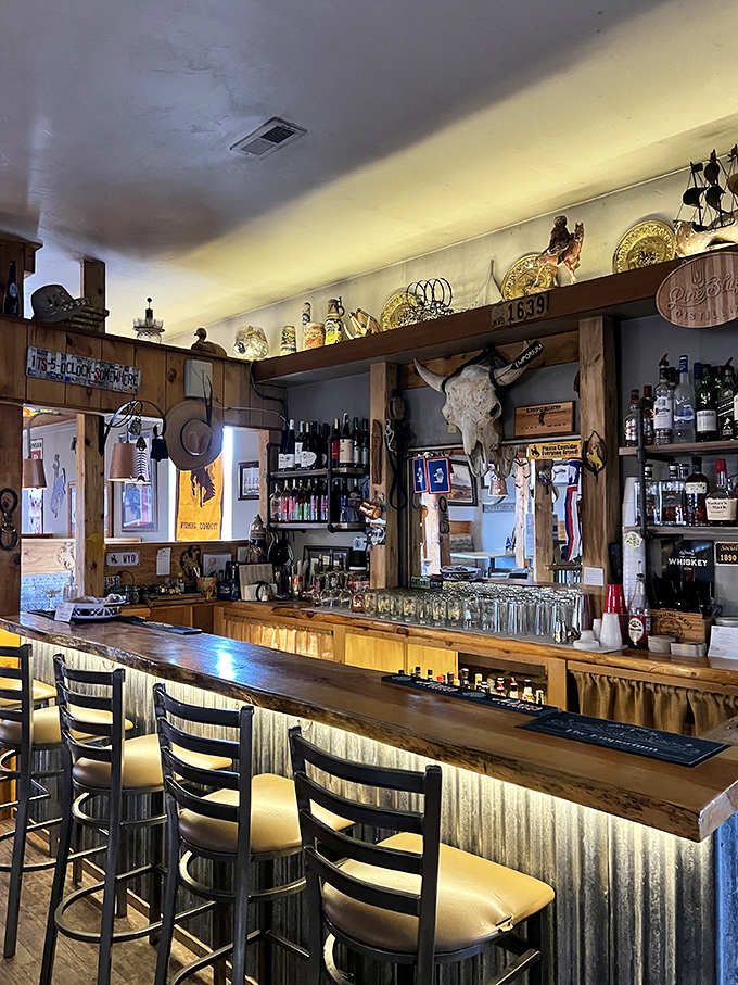 A bar that tells stories without saying a word. Each bottle, skull, and weathered wood plank is a chapter in Wyoming's ongoing love affair with spirits.