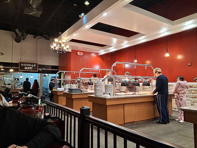 The noodle bar station stands ready for action, where customization is king and your only limitation is the elasticity of your waistband.