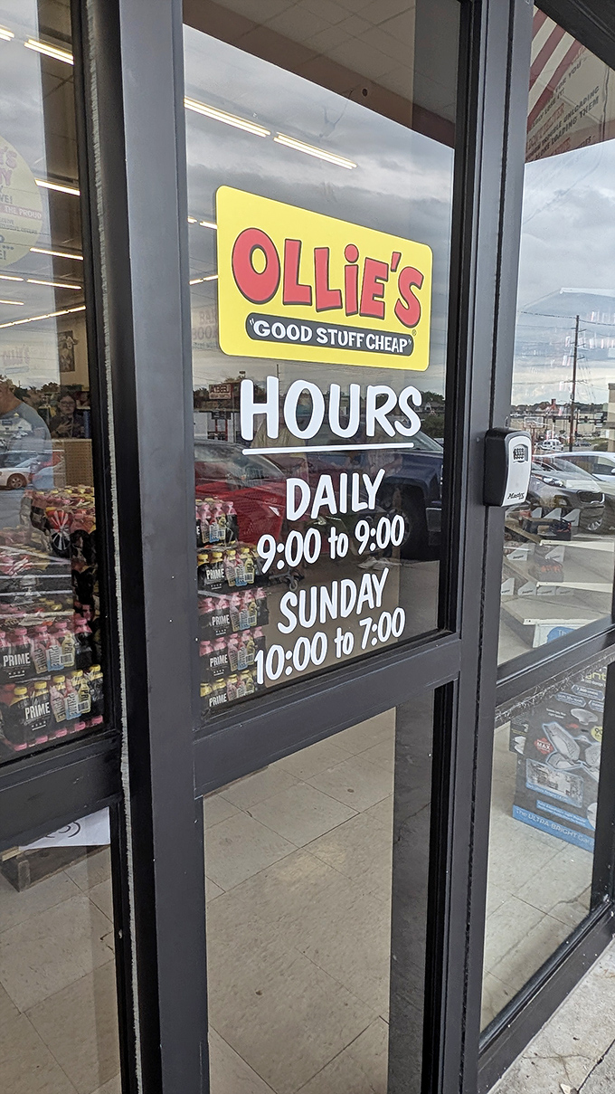 Store hours posted like a friendly invitation to the best party in town. The 9-to-9 schedule means there's always time for a bargain adventure.