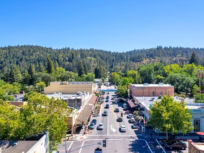 From above, Calistoga reveals its perfect nestling spot between forested mountains, a compact town with an outsized reputation for relaxation.