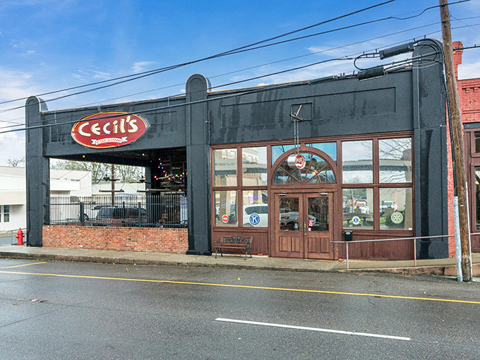 Cecil's Cajun Kitchen's distinctive storefront promises authentic Louisiana flavors behind those wooden doors&mdash;no passport required for this culinary journey.