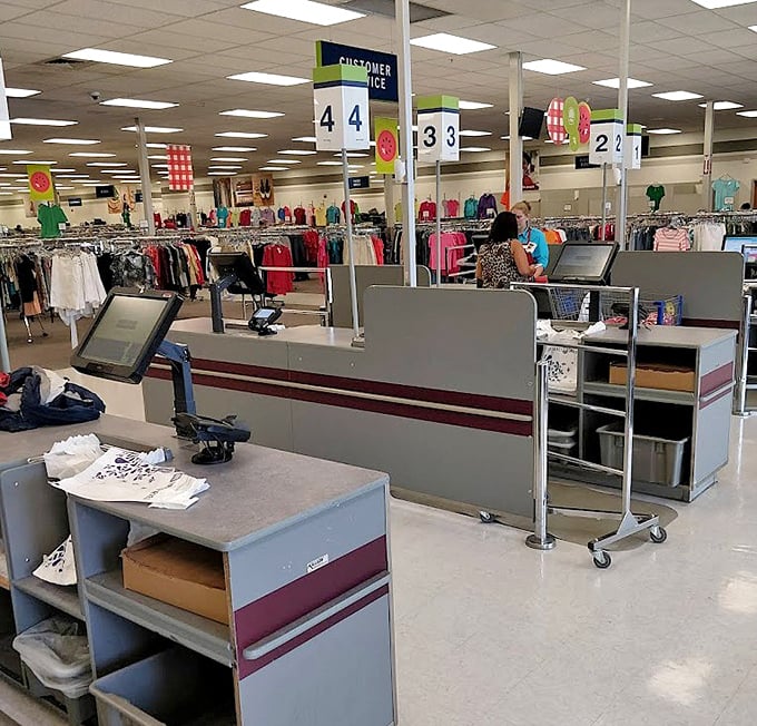 Where thrift store journeys conclude&mdash;the checkout counters efficiently organized for your bargain-hunting victory lap. The final step before showing off your finds.