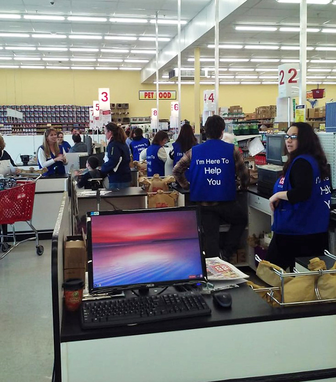 The final frontier: checkout lanes staffed by helpful blue-vested guides ready to send you home with your bounty of bargains.