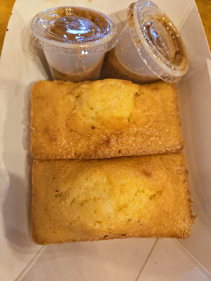 Golden cornbread squares with dipping sauces&mdash;the supporting actors that deserve their own standing ovation in this meaty production.
